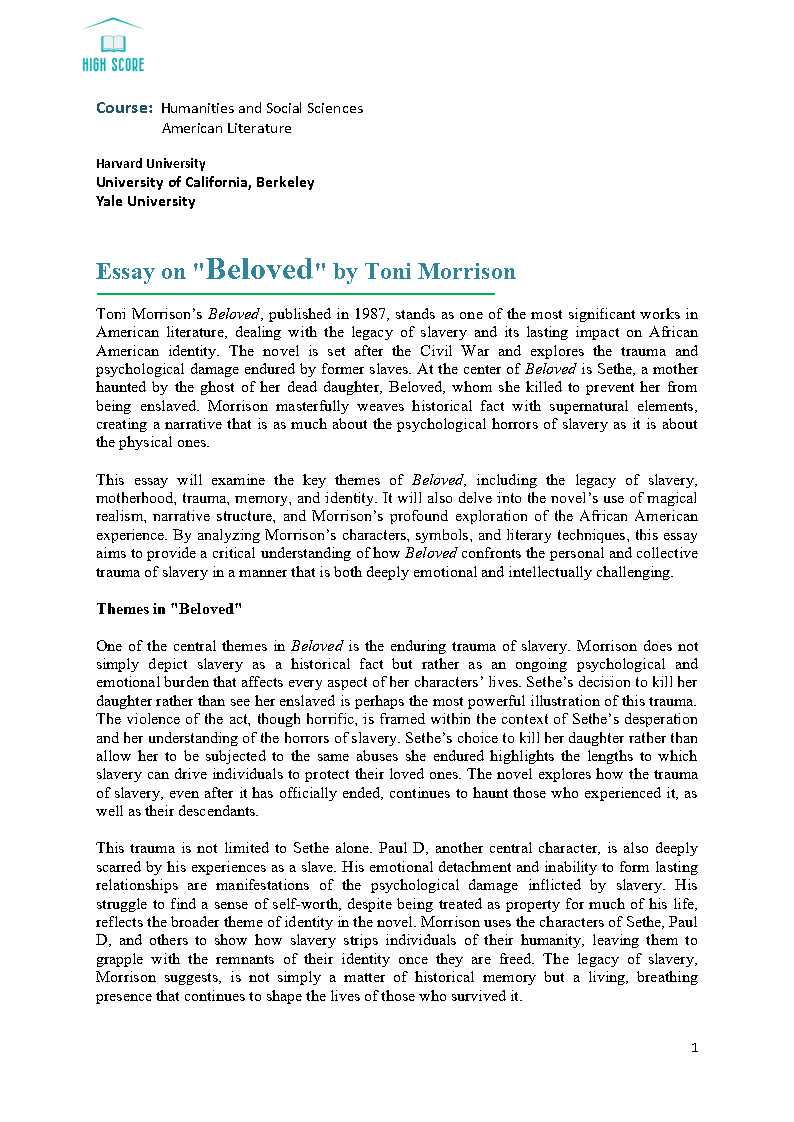 Essay on "Beloved" by Toni Morrison