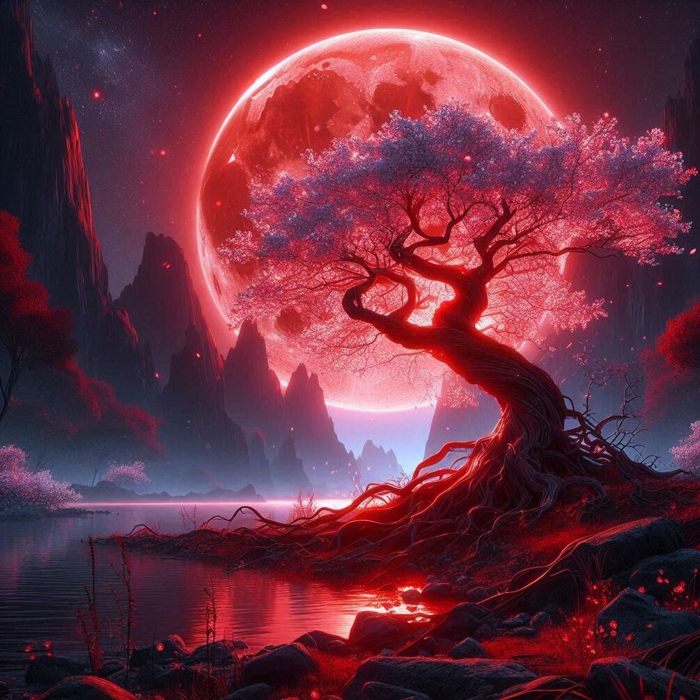 digital art -image - Enchanted Red Moonrise Over Mystical Landscape