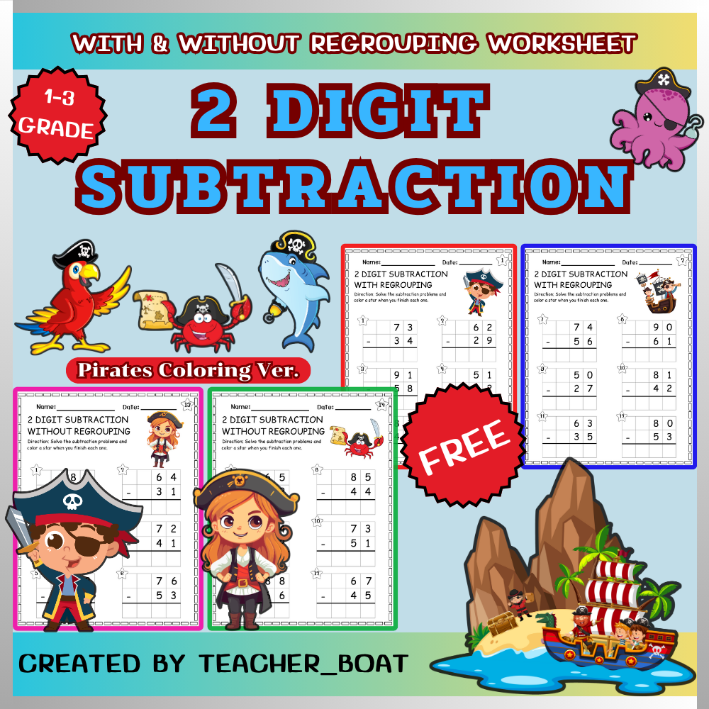 2-Digit Subtraction Worksheets with & without Regrouping - FREEBIE