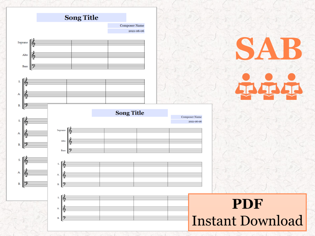 SAB Choir - Blank Sheet Music Staff Paper, Unaccompanied, A Cappella ...
