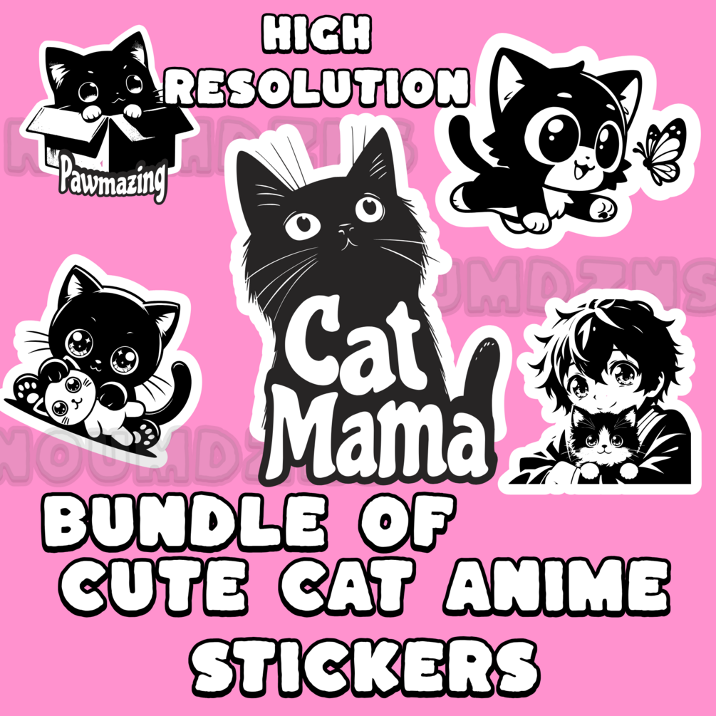 Adorable black anime cat stickers, Sticker bundle of big eyed cat ...