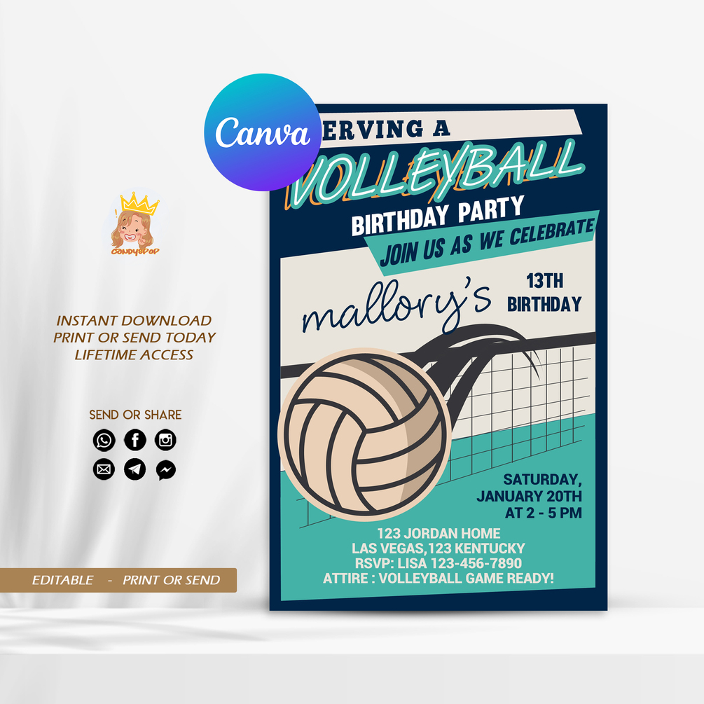 Personalized Volleyball Birthday Party Invitation | Editable Instant ...