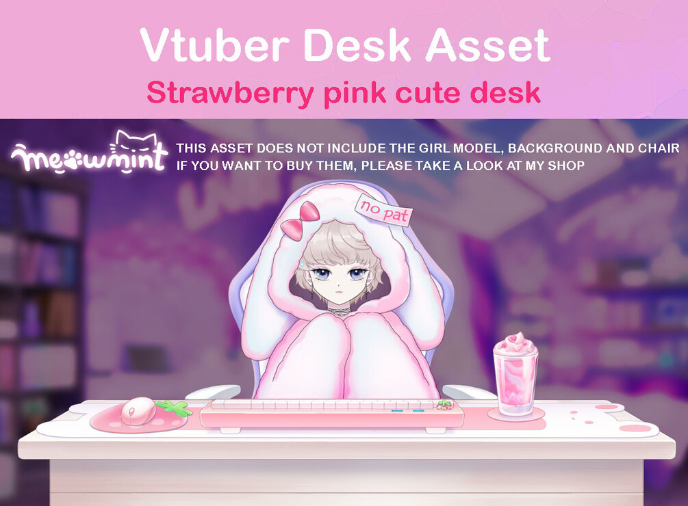 Strawberry Pink Cute Desk - Vtuber Asset