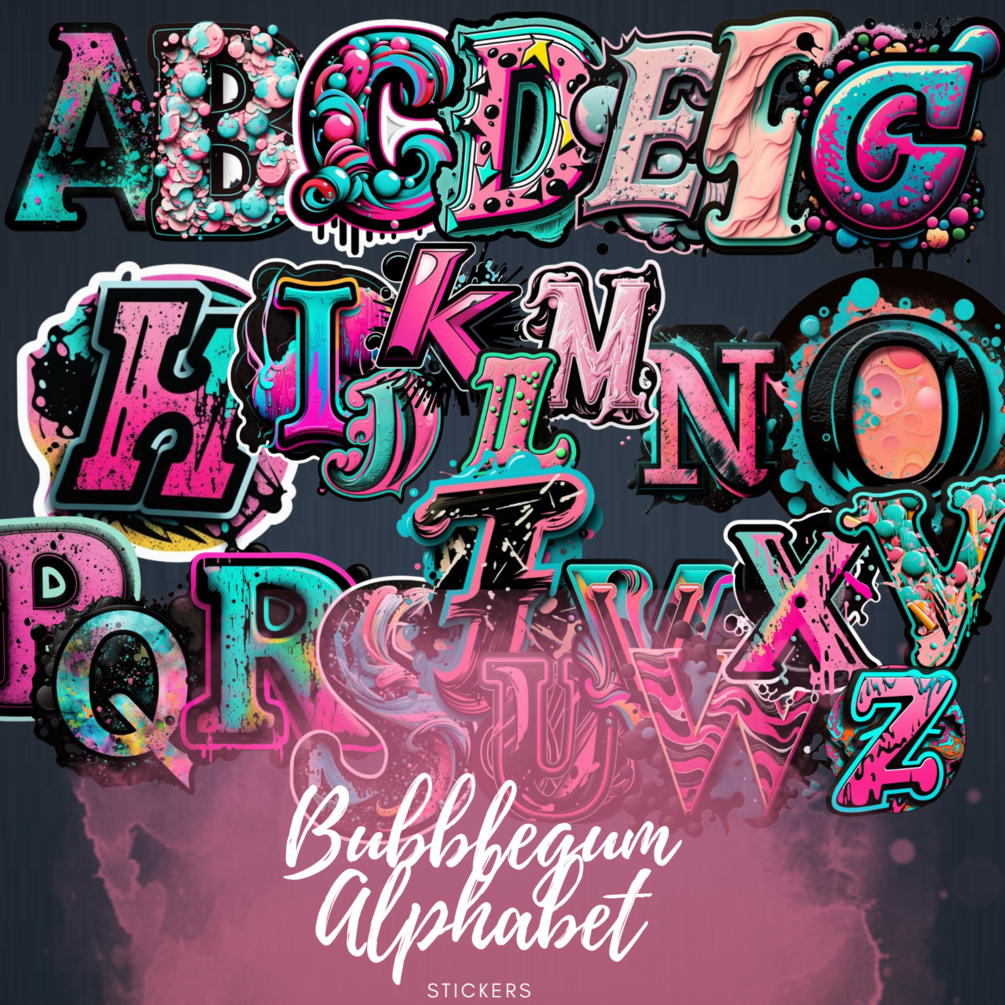 Bubblegum Alphabet Stickers, Digital Art, Clipart, Arts and Crafts