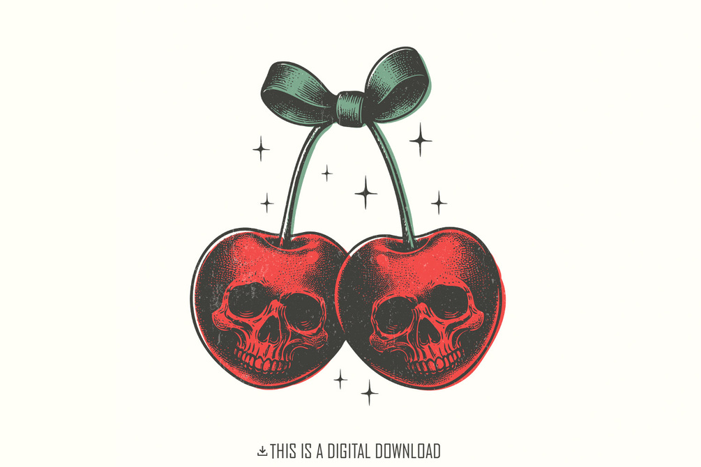 Skull Cherries PNG, Trendy Retro Halloween, Vintage Skull Fruit Digital Art, Coquette Cherries ...