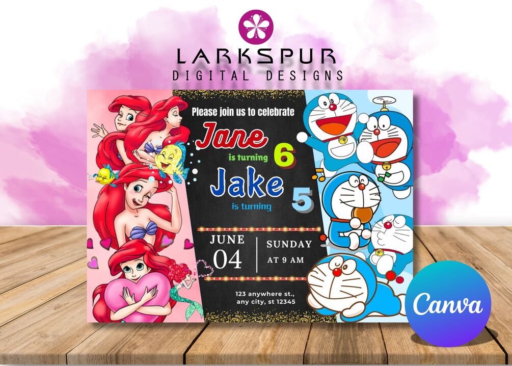 Birthday Invitation for Siblings, Dual Invitation Canva Template