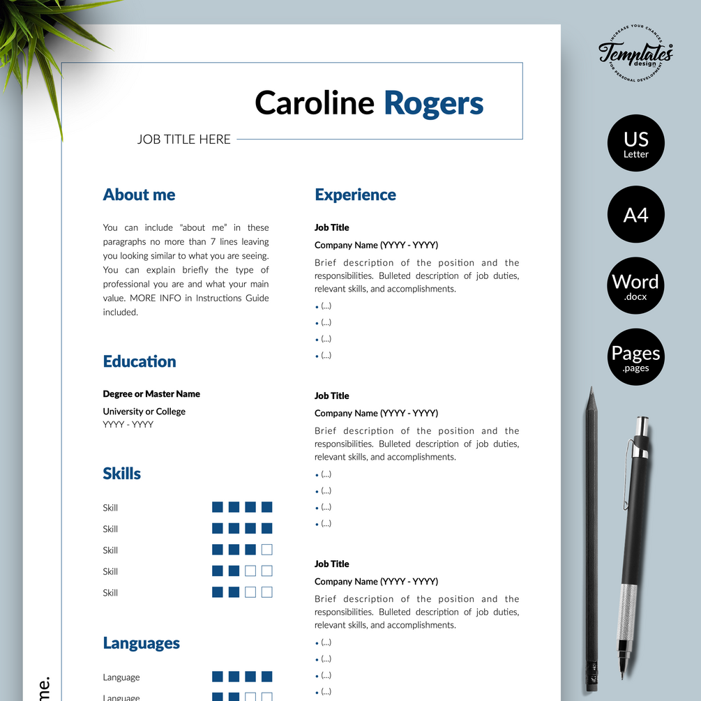 "Caroline Rogers" Modern Resume CV Template for Word & Pages / US ...