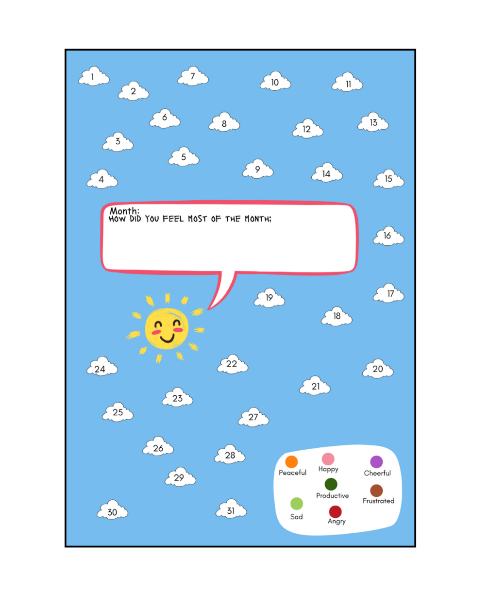 Sun and Cloud Themed One Month Mood Tracker