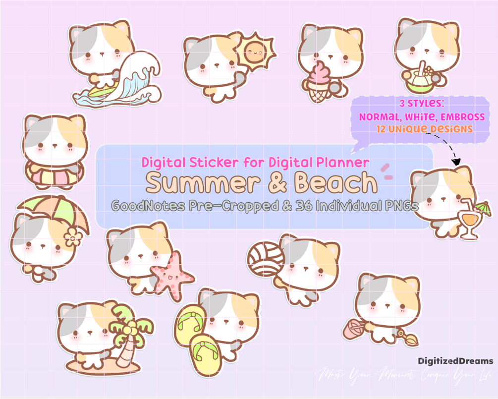 Kitty Cat Summer Digital Sticker Pack, GoodNotes Planner Stickers ...