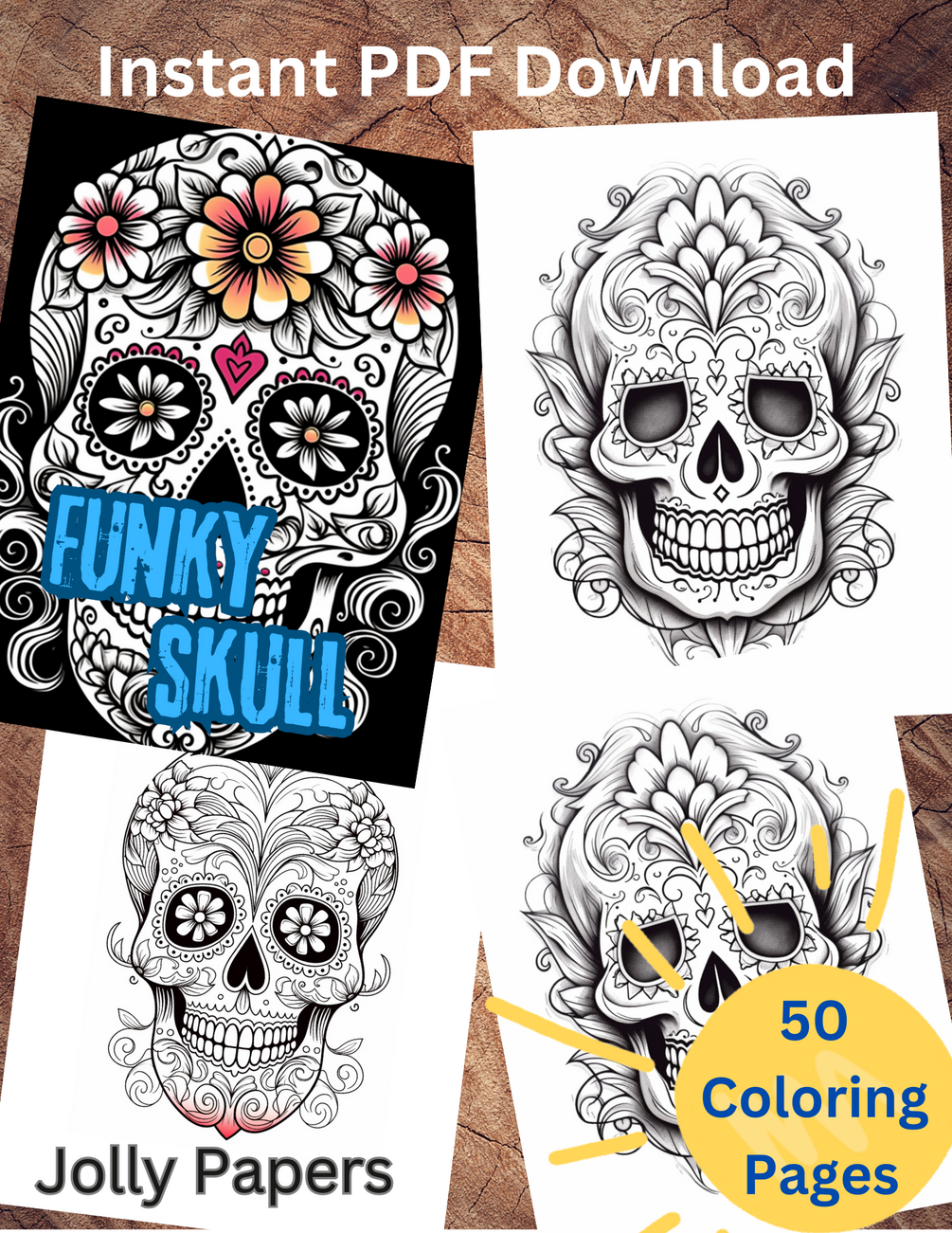 50 Funky Skulls Coloring Pages For Adult Printable Grayscale Coloring ...