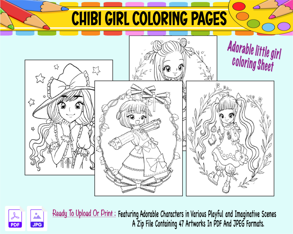Chibi girl coloring pages : Adorable little girl coloring Sheet.