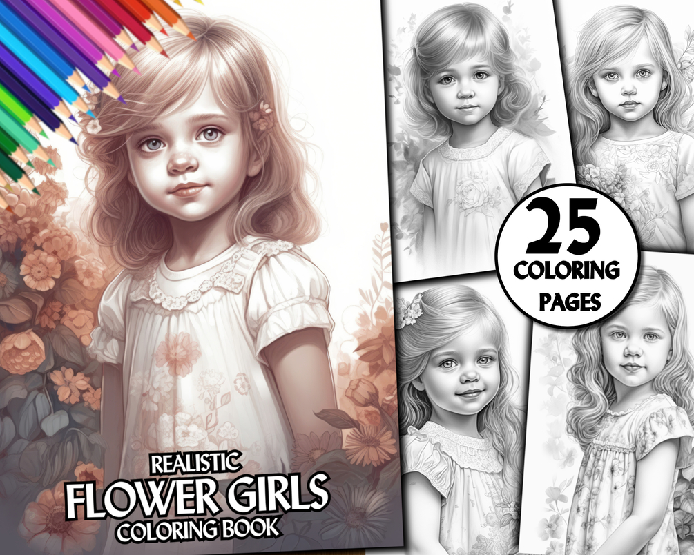 Realistic Flower Girls Coloring Book - Printable PDF