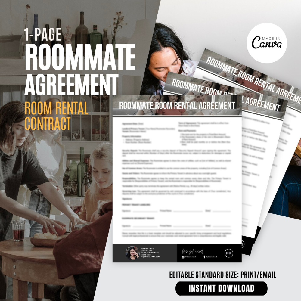 1-Page Editable Roommate Room Rental Agreement Contract | Roommate ...