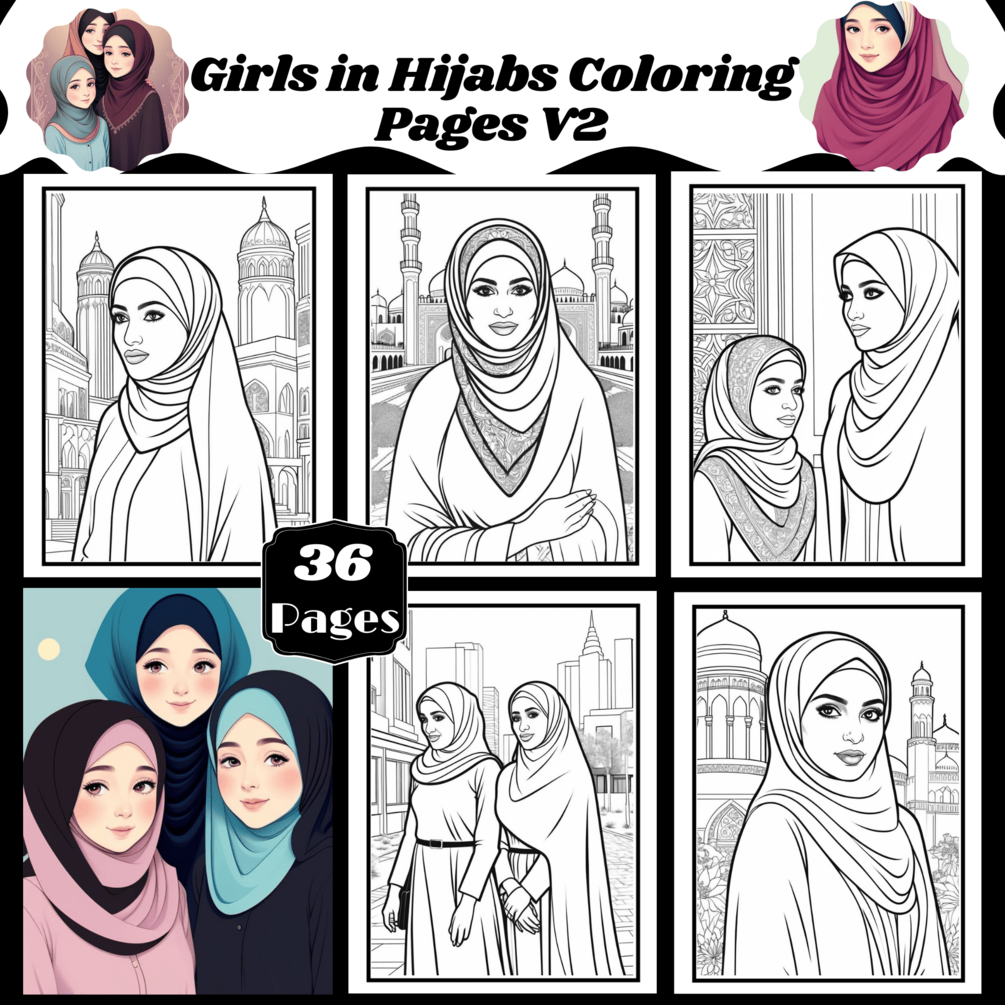 Girls in Hijabs Coloring Pages – Muslim Girls – Wearing Hijabs V2