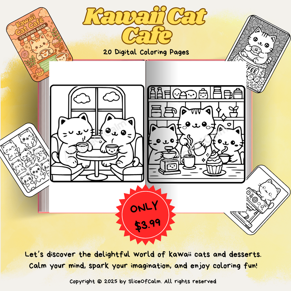 Kawaii Cat Café Coloring Book | 20 Cute Cat, Coffee, Dessert & Mandala ...