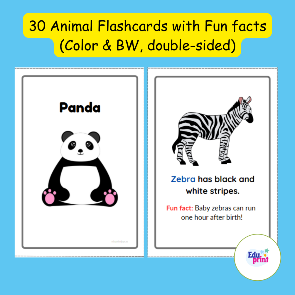 30 Animal Flashcards - Color & BW - Fun Facts + Sentences /Double-Sided/