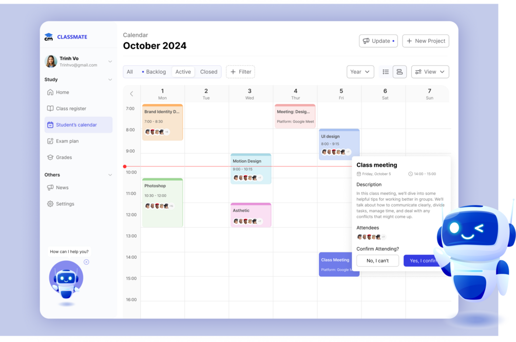 Student calendar dashboard