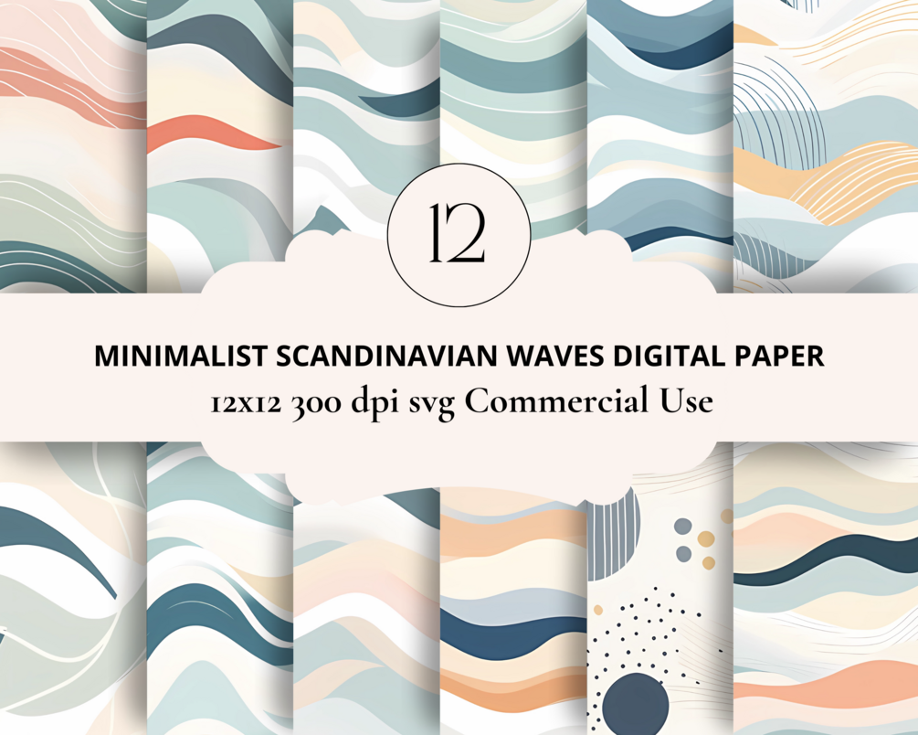 Minimalist Scandinavian Waves Digital Paper 12x12 SVG Commerical Use