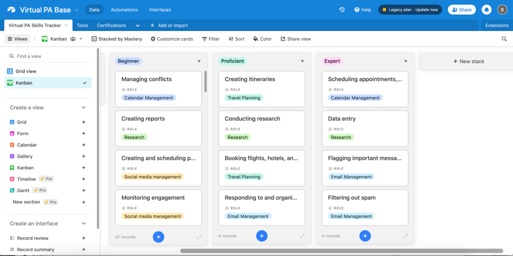 Executive Virtual Assistant [E.V.A.] Skills Tracker | Airtable Base 🚀