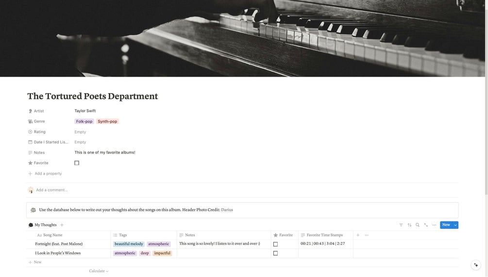 Song Dashboard | Album & Song Tracker | Favorite Song List