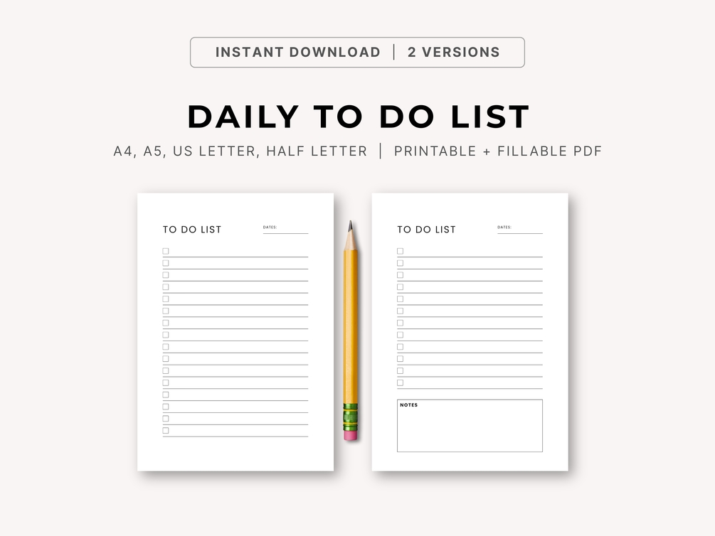 Printable To-Do List | Daily Task Planner (A4, A5, US Letter, Half Letter)