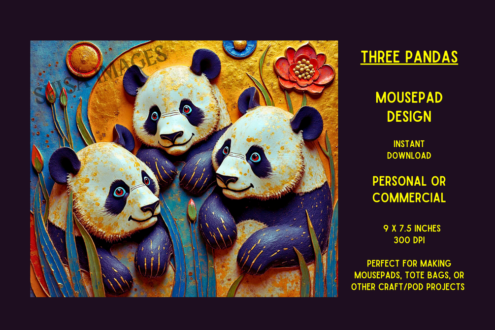 THREE PANDAS - Mousepad Design - Instant Download