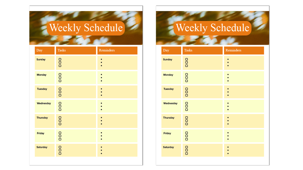 Weekly Schedule Planner Doc in Orange Yellow Style