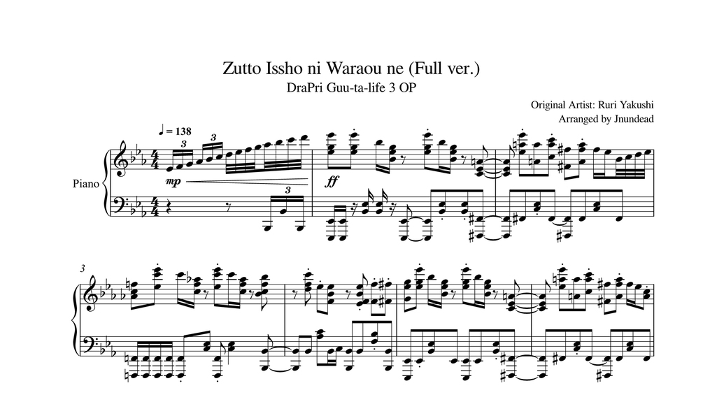 [DraPri Guu-ta-life 3 OP] Zutto Issho ni Waraou ne (Full ver.) Piano ...