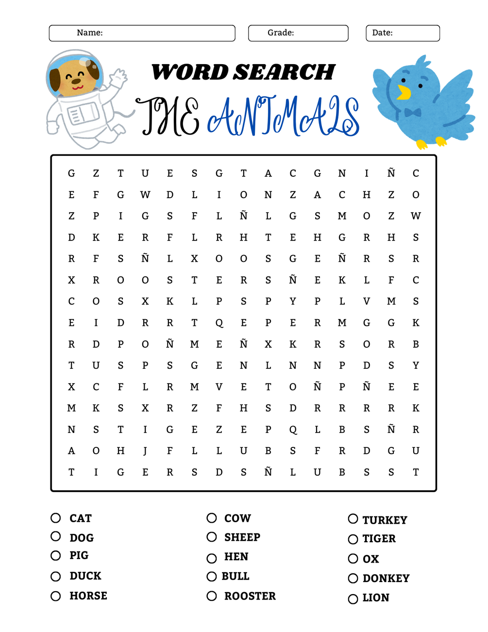 Word search of animals, fruits and numbers