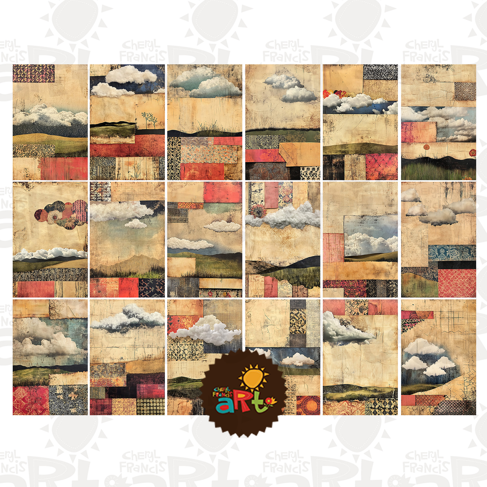 18 pc Collage Patterned Landscape with Clouds Printable Junk Journal ...