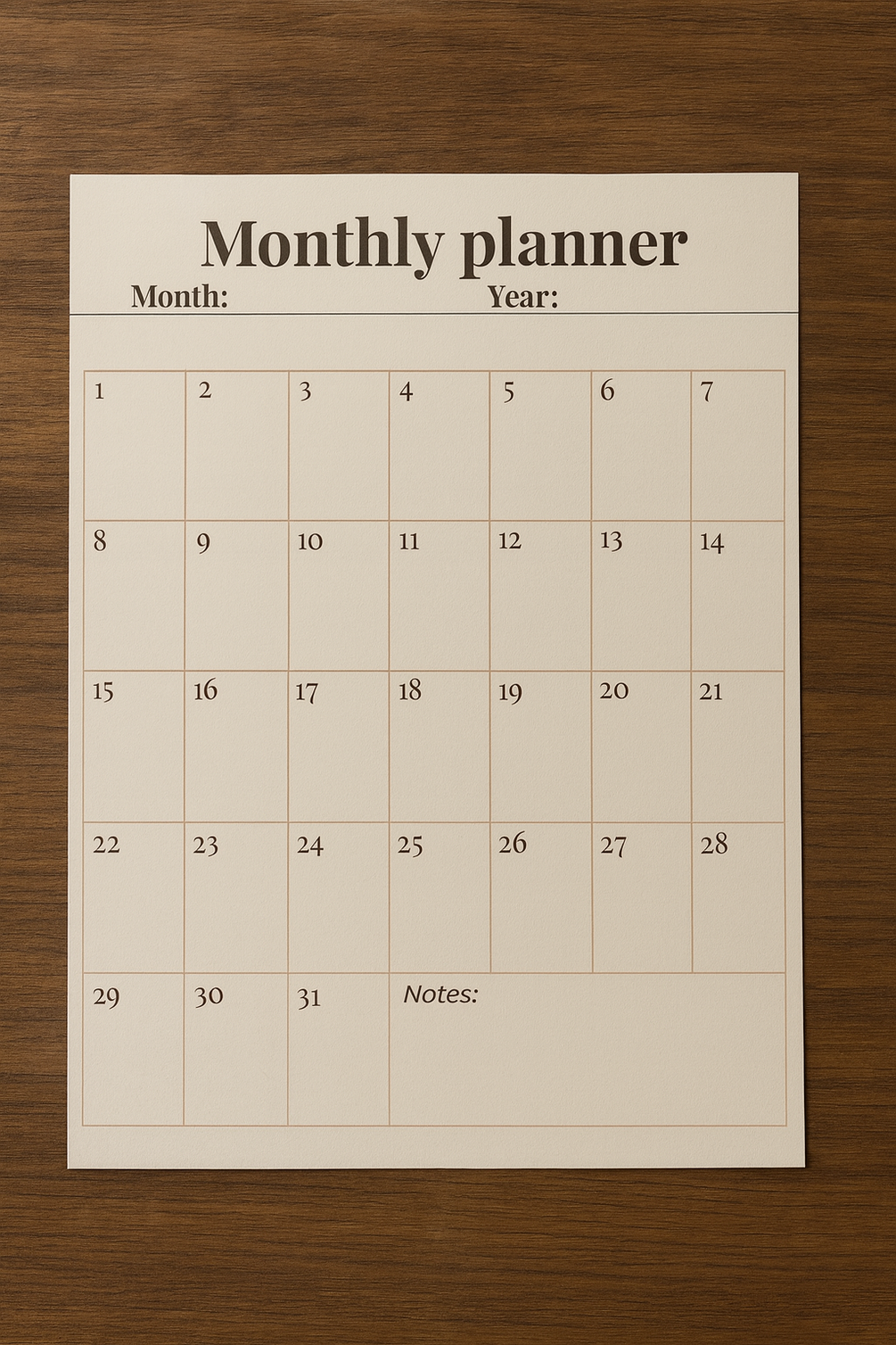 Undated Monthly Planner – Aesthetic Neutral Calendar Template (PDF)