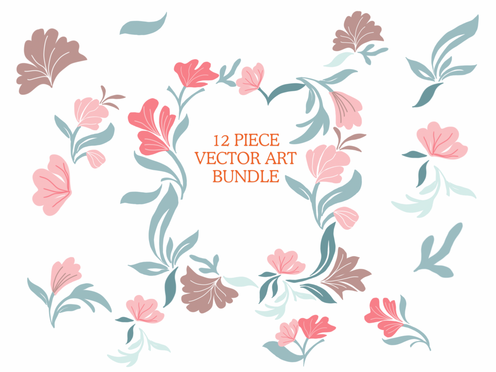 12 Floral Vector Art Bundle Clipart Printable Digital Design Pink and ...