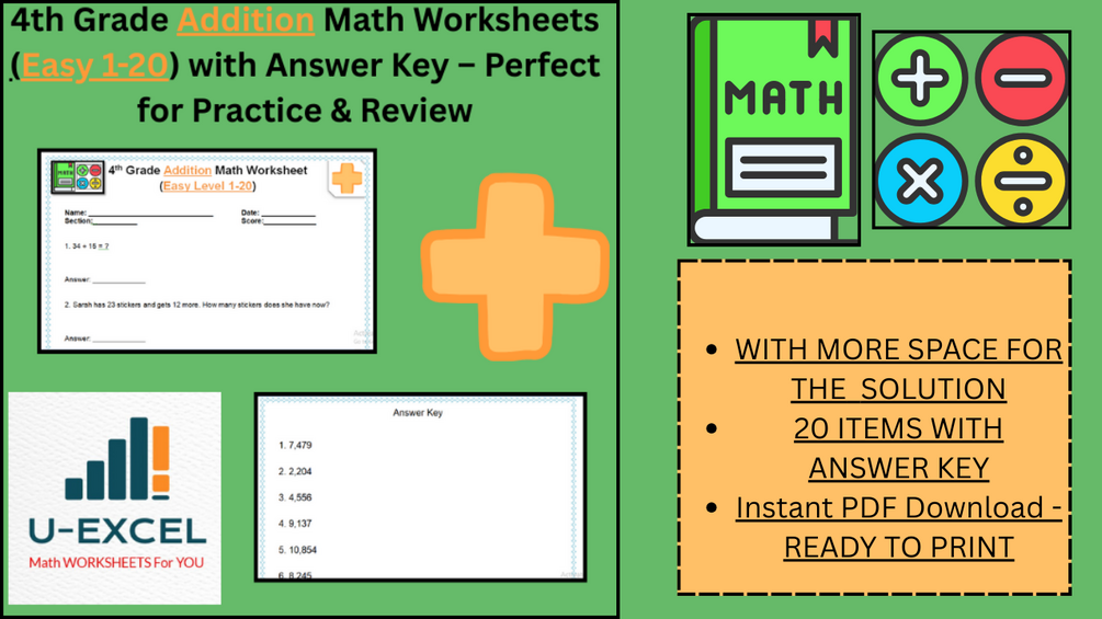 4th Grade Addition Math Worksheet Easy with answer key - Perfect for ...
