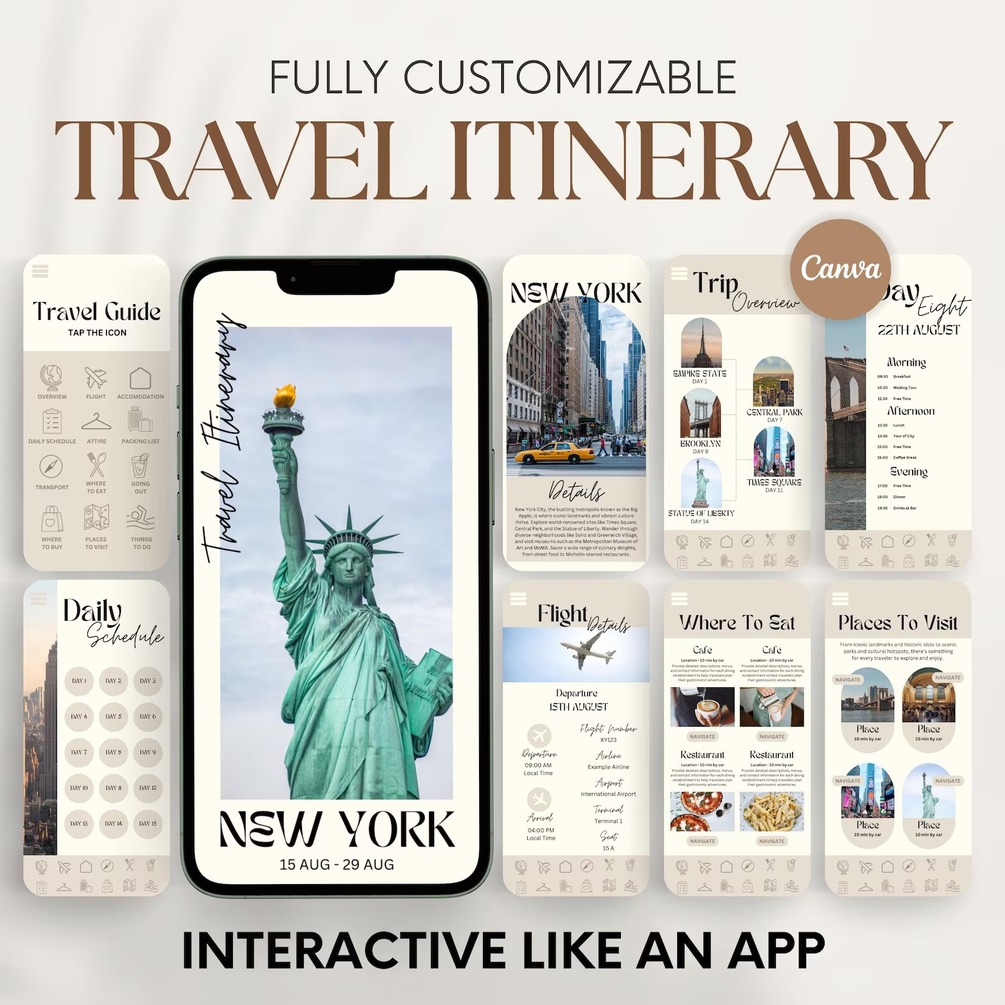 New York Travel Itinerary Editable Canva Trip Planner