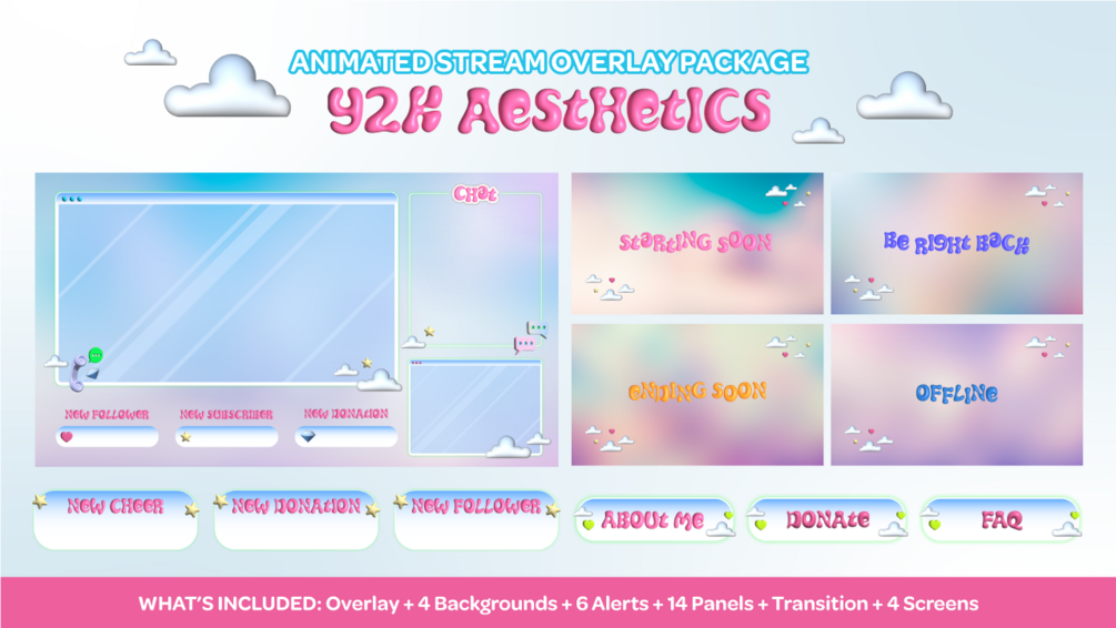 Animated Y2K Pastel Twitch Stream Overlay Package