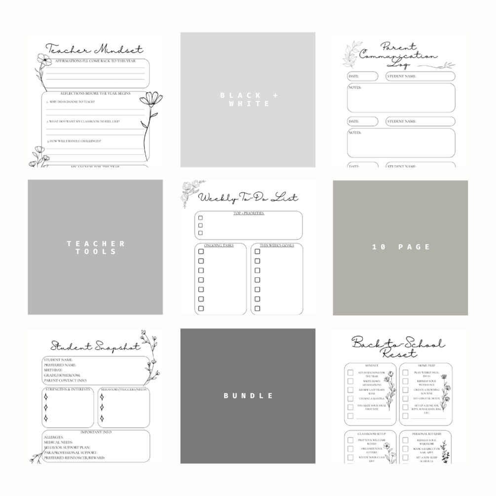 Minimalist Floral Teacher Printables | Black & White Planning Set