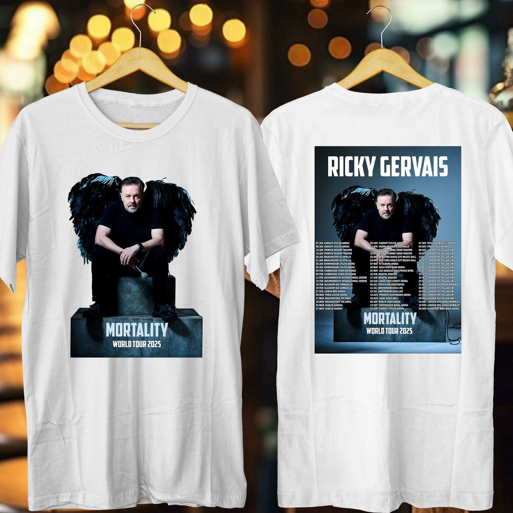 RICKY GERVAIS MORTALITY WORLD TOUR 2025. RICKY GERVAIS. UNISEX WHITE ...