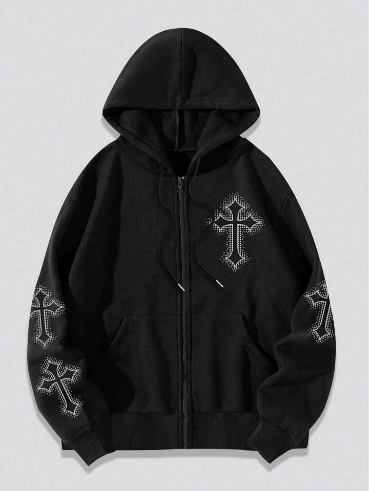 ROMWE Goth Men Cross Print Zip Up Drawstring Thermal Hooded Sweatshirt
