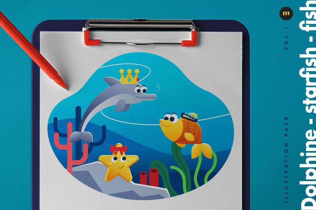 Dolphin-starfish-fish illustration pack