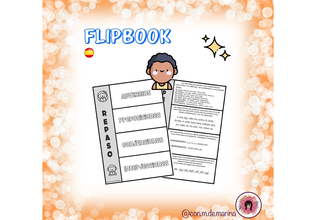 Flipbook adverbios, preposiciones, conjunciones e interjecciones.