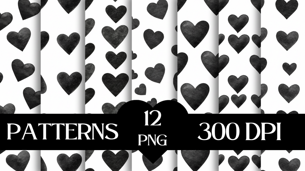 12 Seamless Black Hearts Pattern on White Background