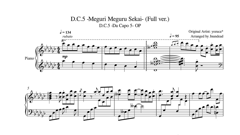 [D.C.5 ~Da Capo 5~ OP] D.C.5 ~Meguri Meguru Sekai~ (Full ver.) Piano Arrangement