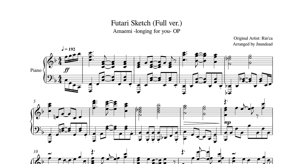 [Amaemi -longing for you- OP] Futari Sketch (Full ver.) Piano Arrangement