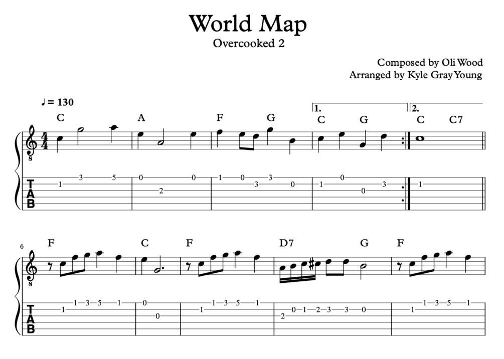 Overcooked 2 - World Map (easy guitar tab/sheet music)