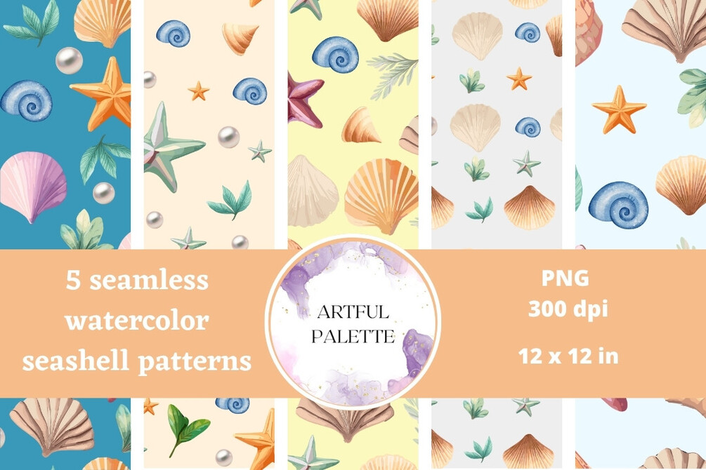 5 seamless watercolor seashell patterns