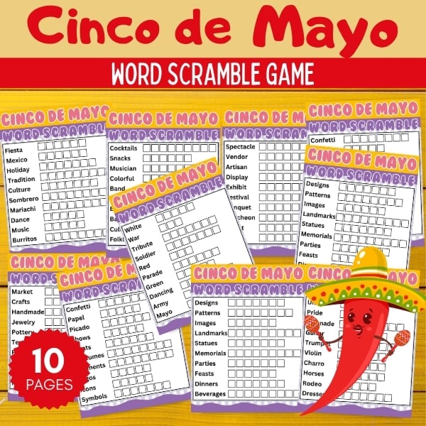 Printable Cinco de mayo Word Scramble Puzzle Worksheet Activities