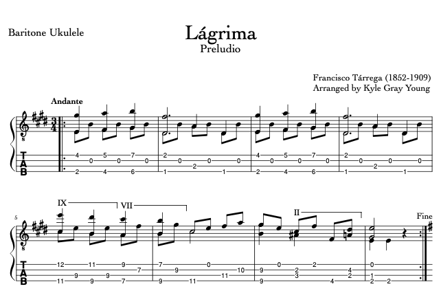 Francisco Tárrega - Lágrima (baritone ukulele tablature)