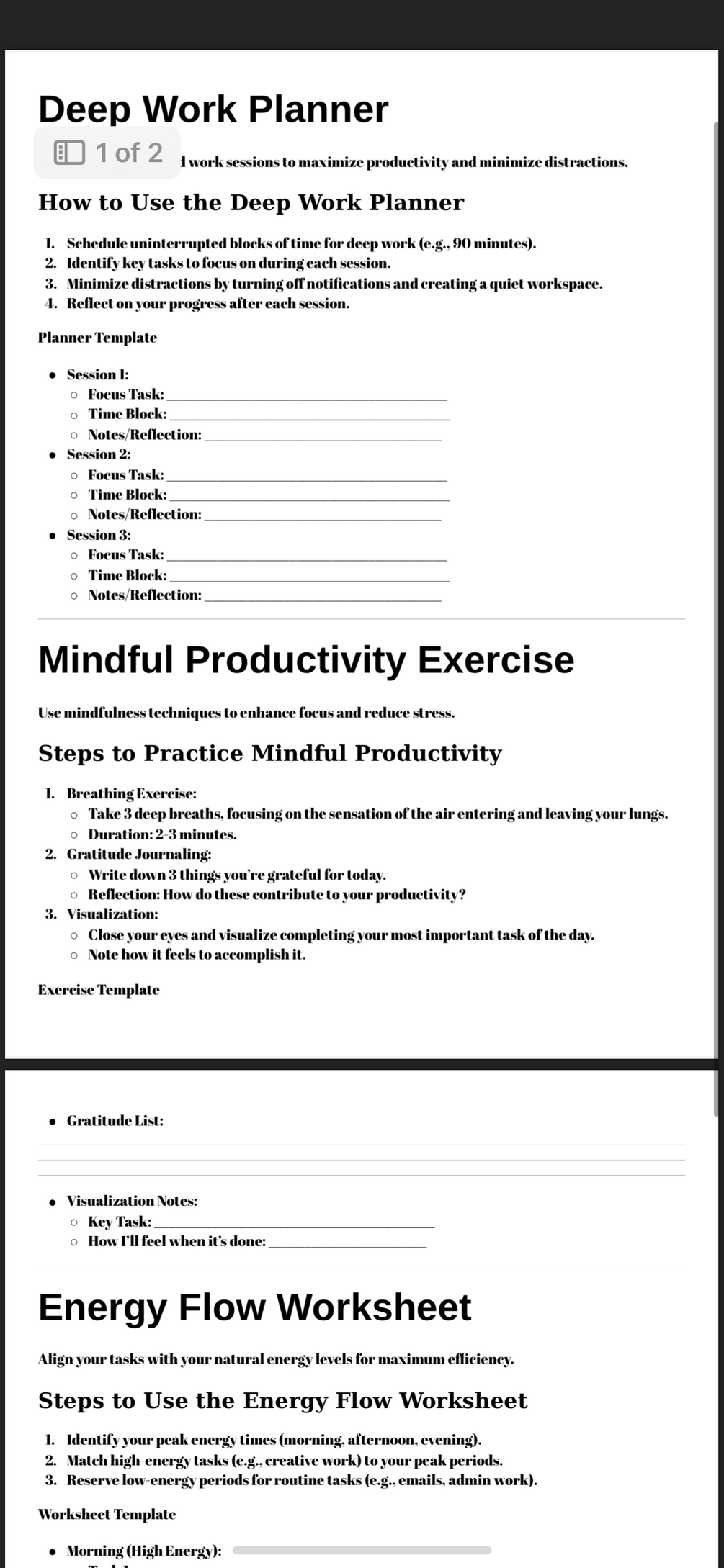 Deep Work Planner, Mindful Productivity Exercise & Energy Flow Worksheet