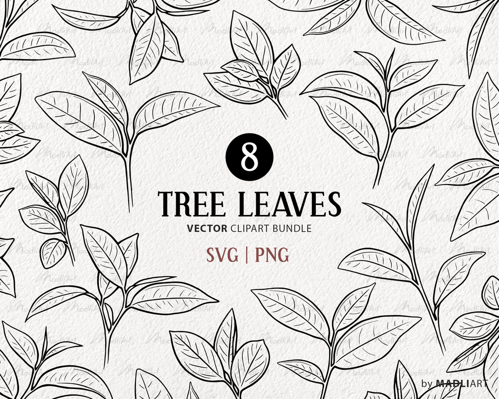 Tree Leaf SVG Clipart Bundle | Leaves Vector Line Art | Leaf Tattoo Design