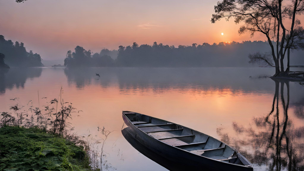 Boat flowing in lake scenic view in sunset